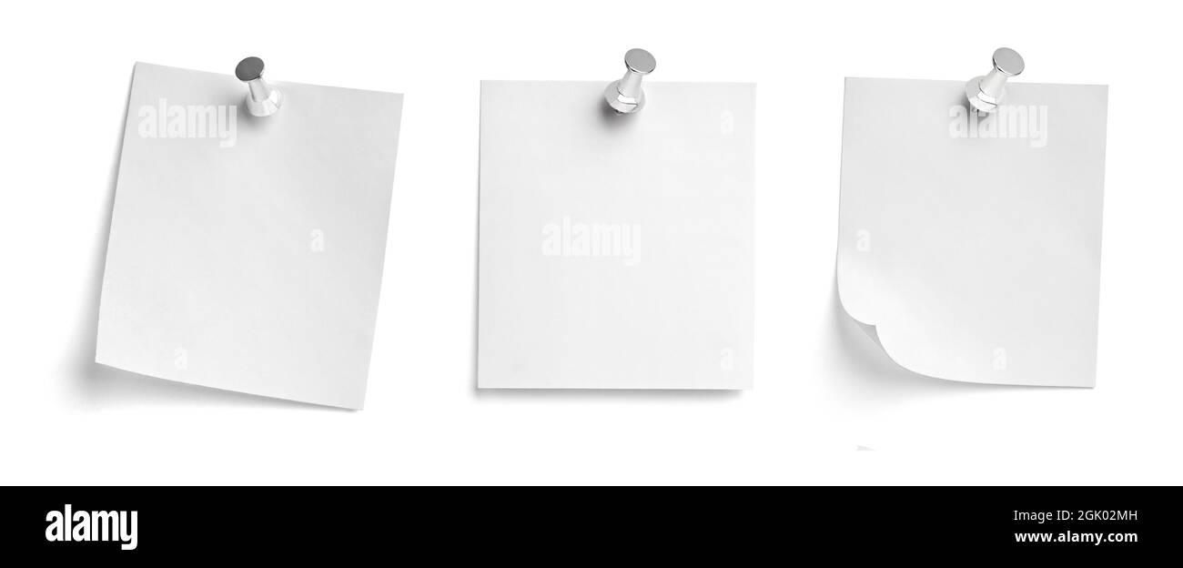 collection of various note paper with a push pin on white background ...