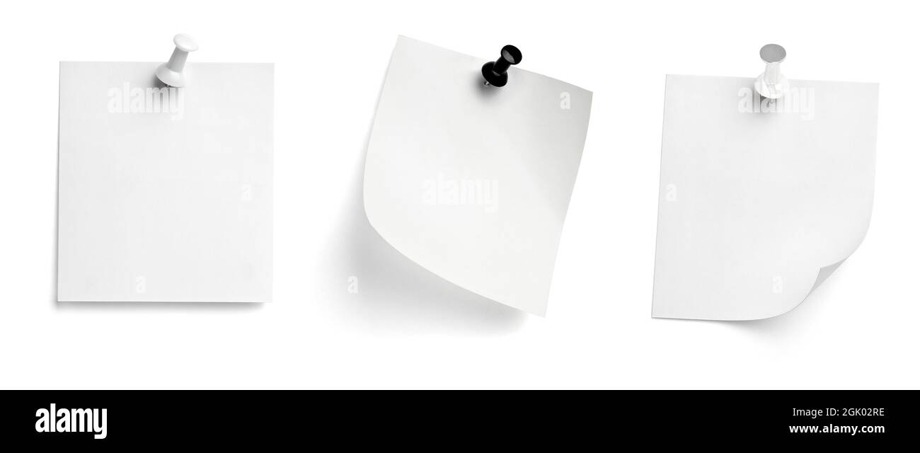 collection of various note paper with a push pin on white background ...