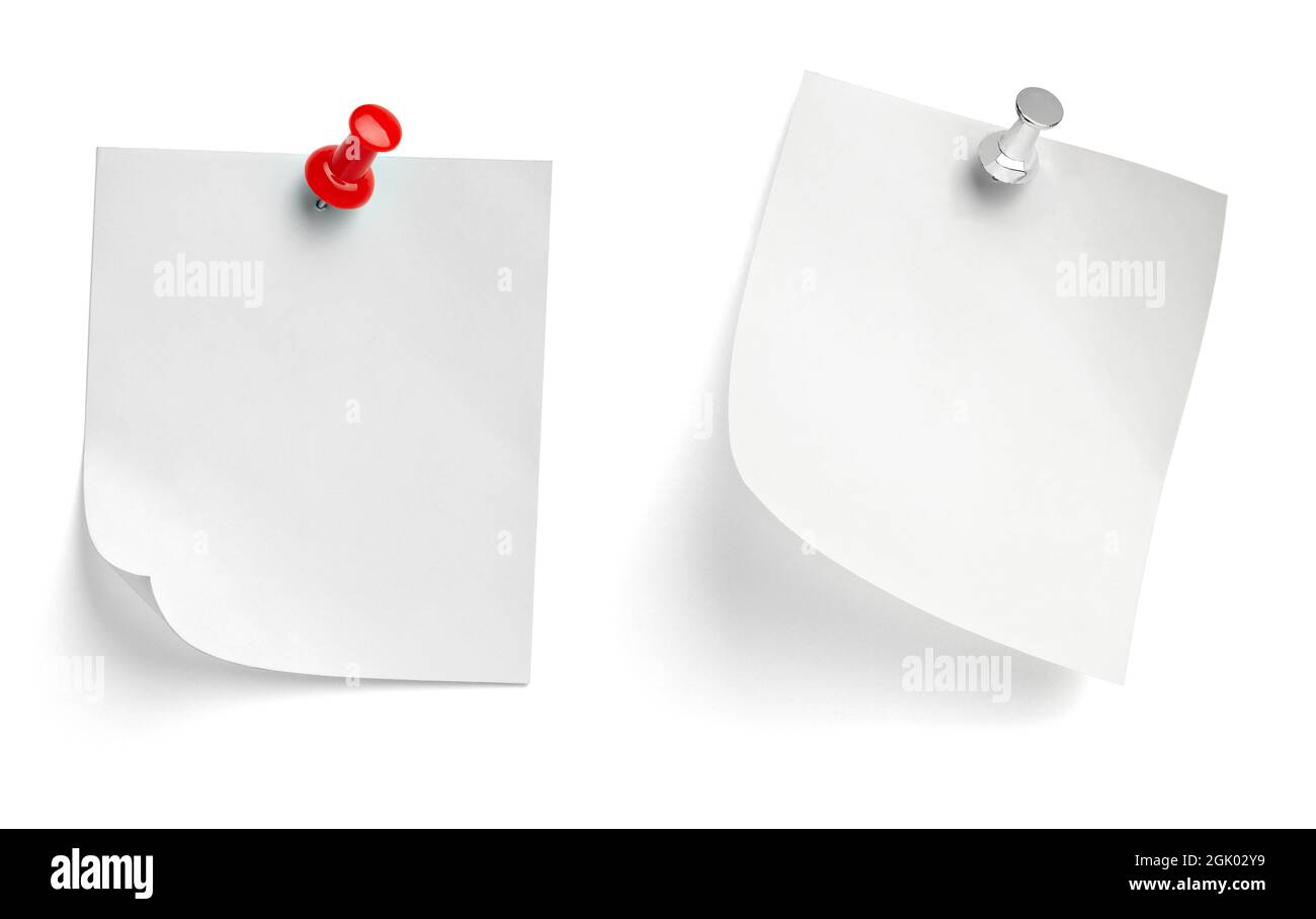 collection of various note paper with a push pin on white background ...