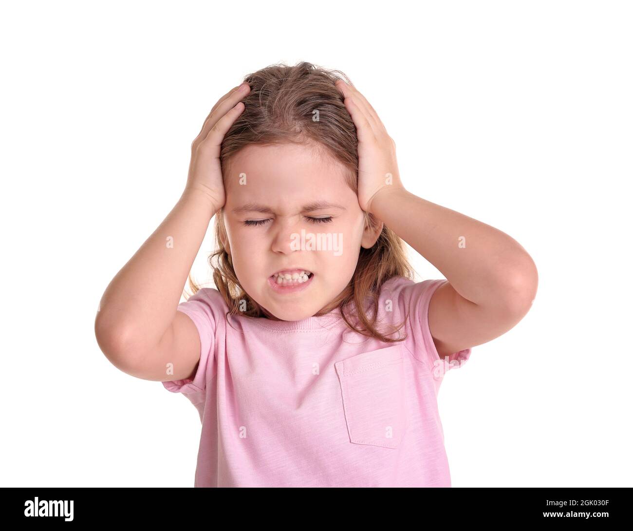 Little girl suffering from headache on white background Stock Photo - Alamy