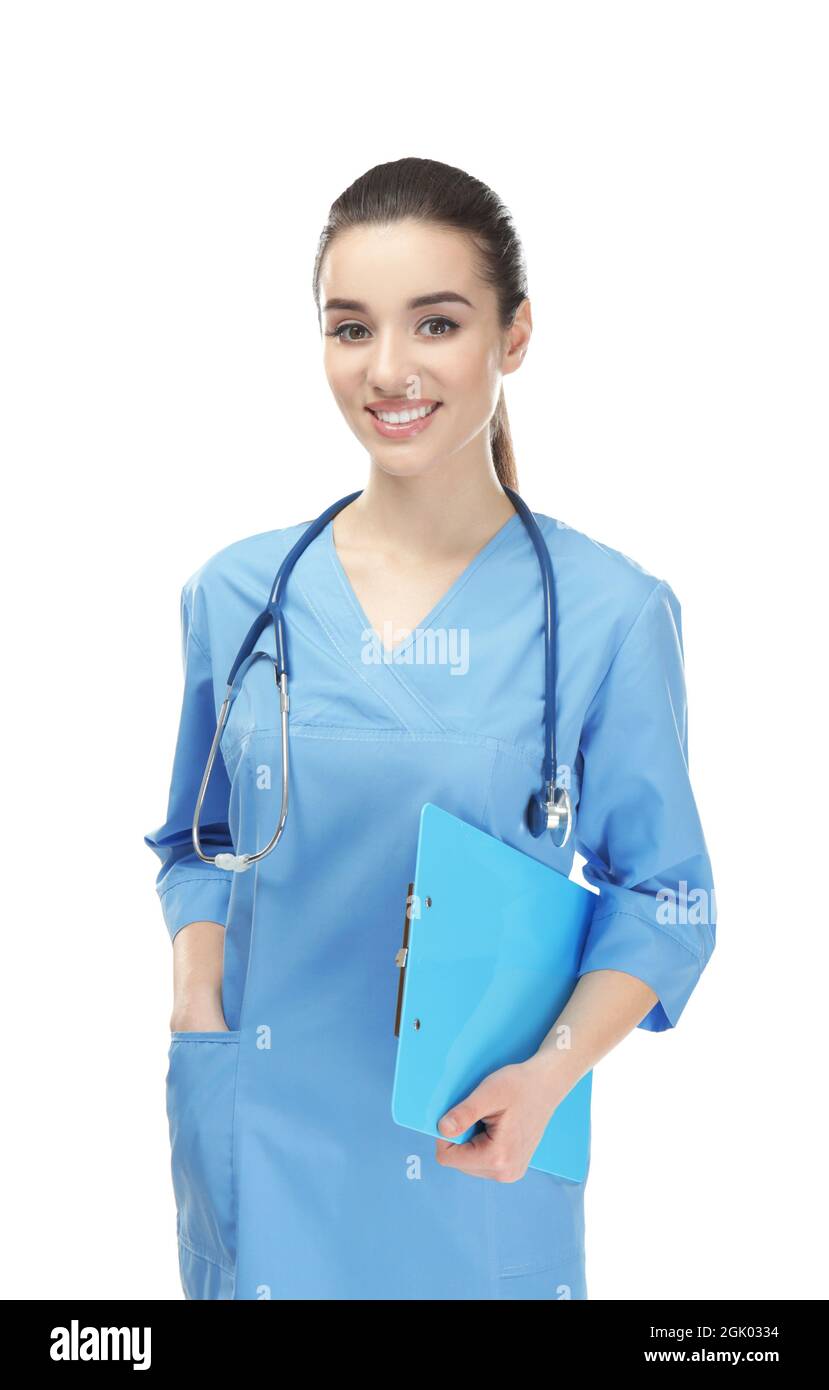 Beautiful young medical assistant on white background Stock Photo - Alamy