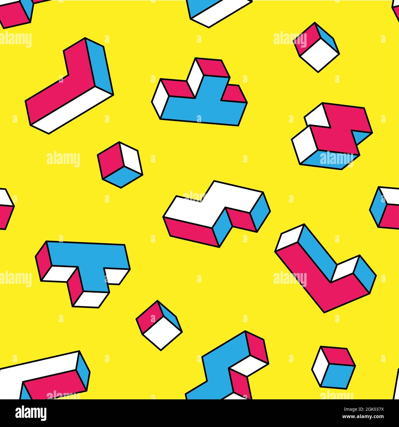 White, blue, red game 3d blocks seamless pattern on yellow background ...