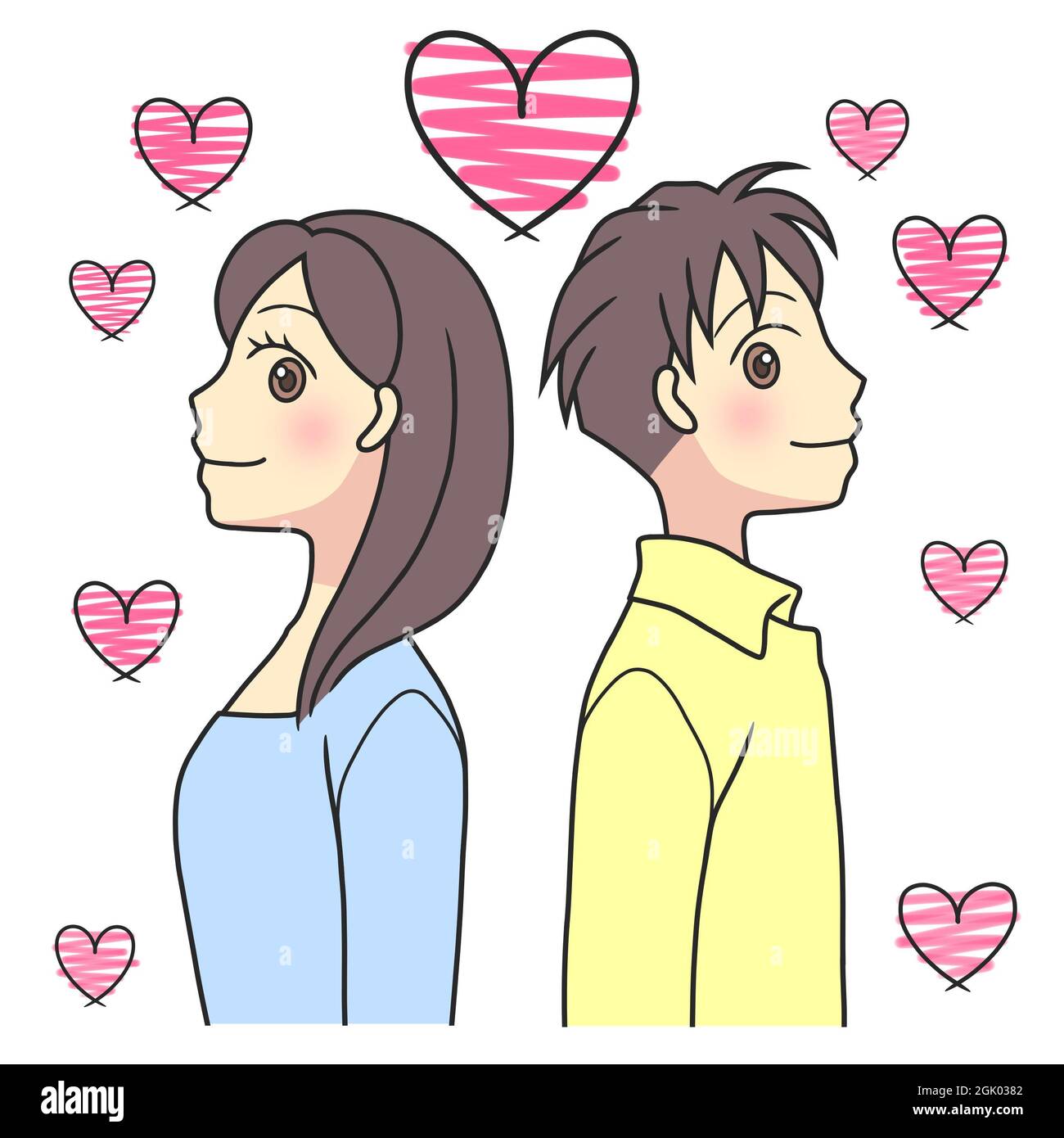 A young couple back to back with pink hearts Stock Photo - Alamy