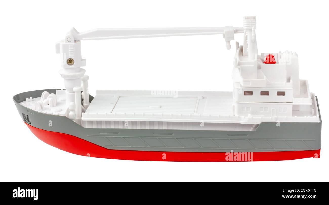 Cargo ship toy. Isolate on white. Toy ship on a white background ...