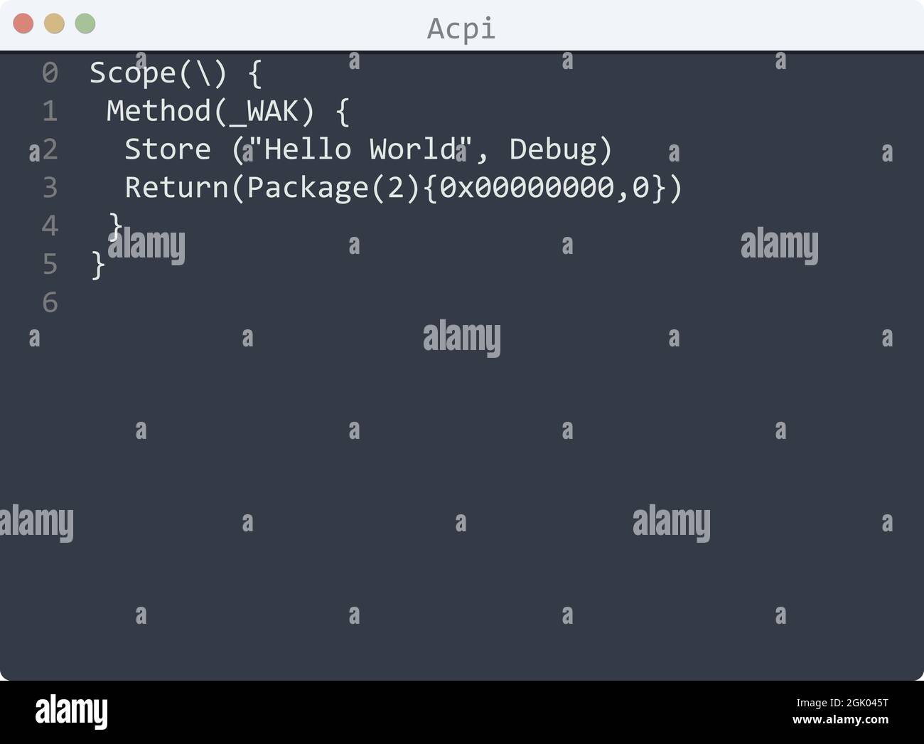 Acpi language Hello World program sample in editor window illustration ...