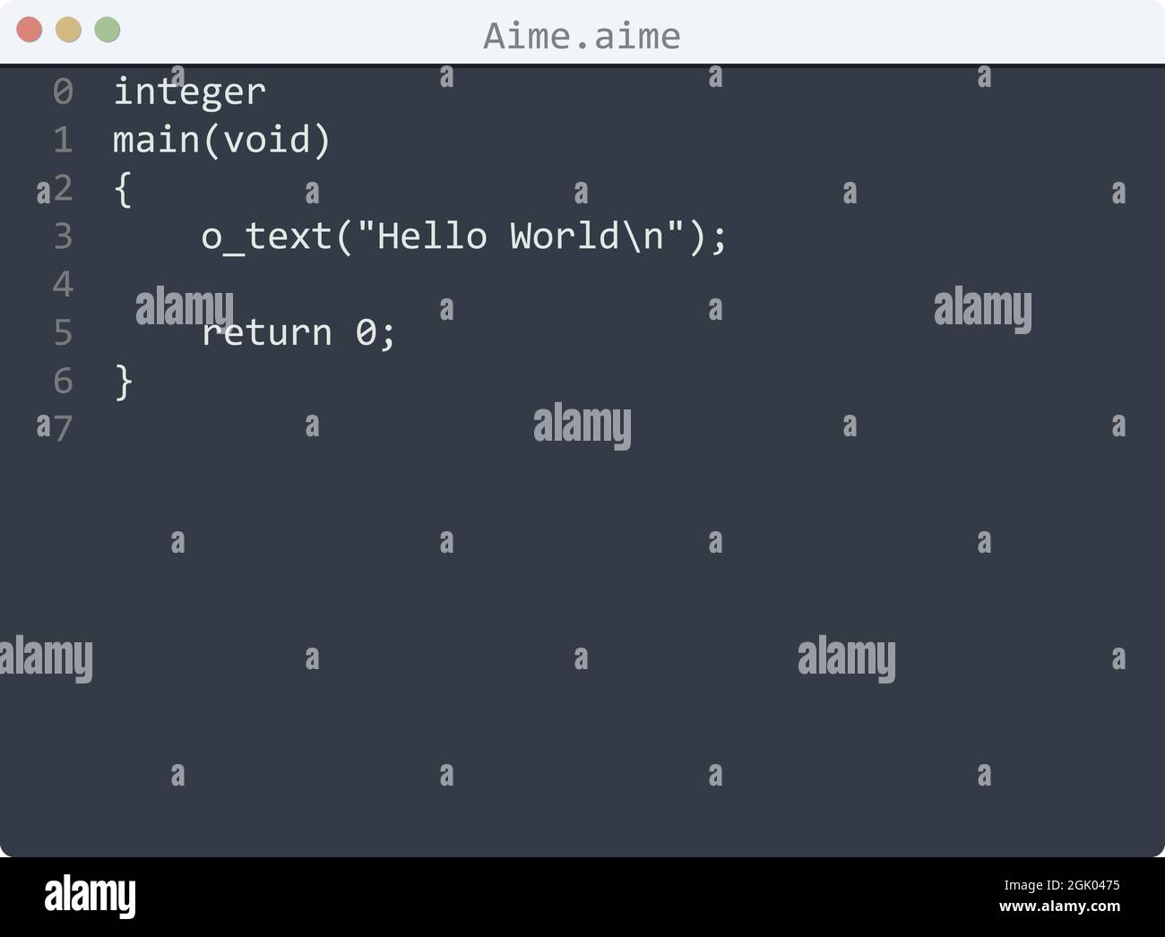 Aime language Hello World program sample in editor window illustration ...