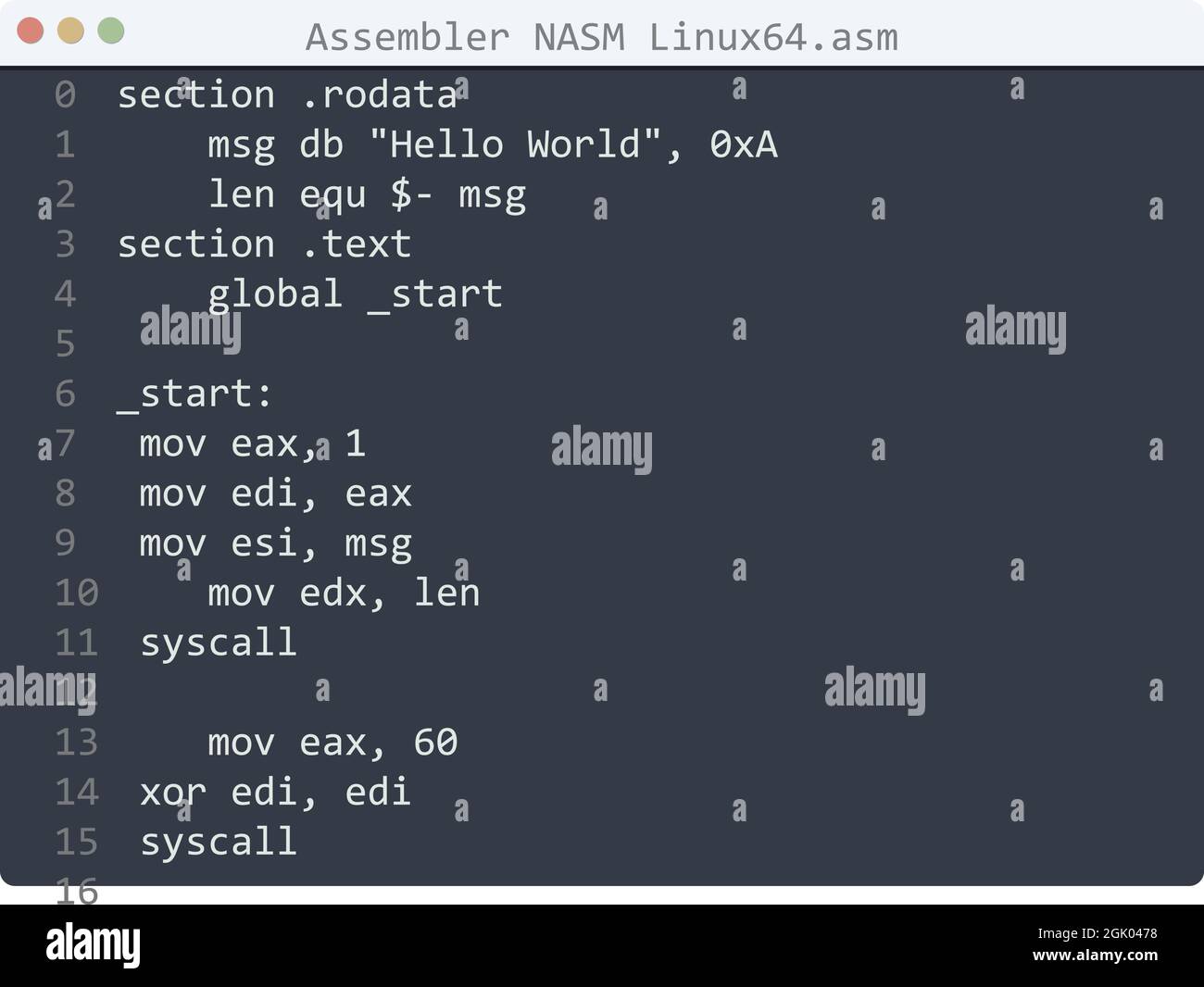 Assembler NASM Linux64 language Hello World program sample in editor ... Assembler NASM Linux64 language Hello World program sample in editor ...