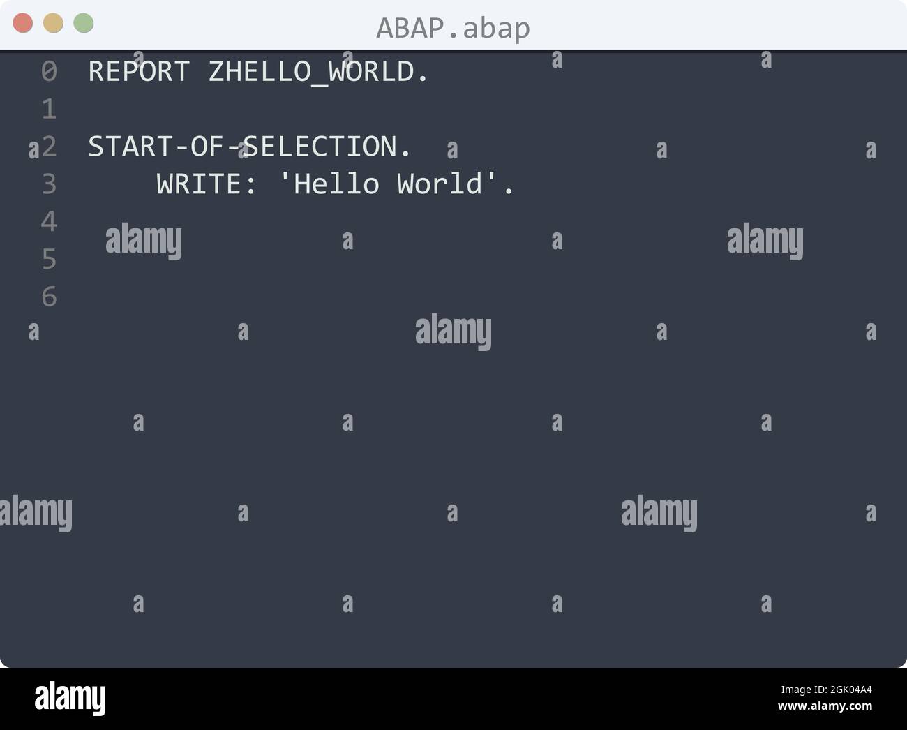 ABAP language Hello World program sample in editor window illustration ... ABAP language Hello World program sample in editor window illustration ...