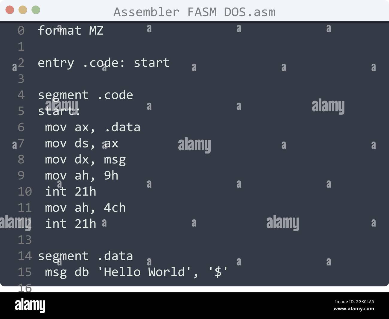 Assembler FASM DOS language Hello World program sample in editor window ... Assembler FASM DOS language Hello World program sample in editor window ...