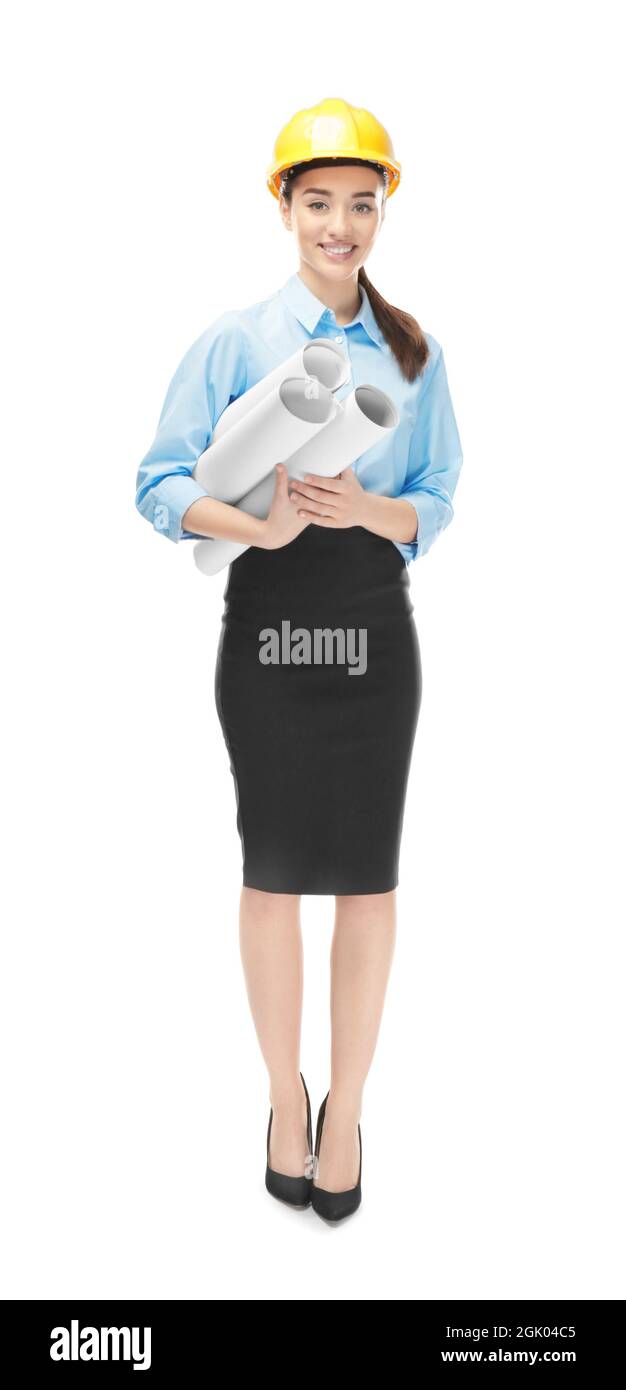 Beautiful young engineer on white background Stock Photo - Alamy