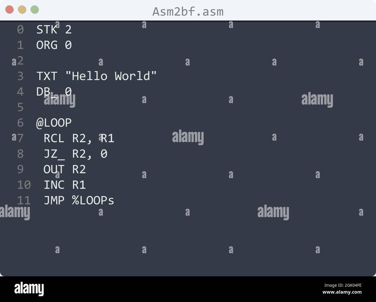 Asm2bf language Hello World program sample in editor window ...