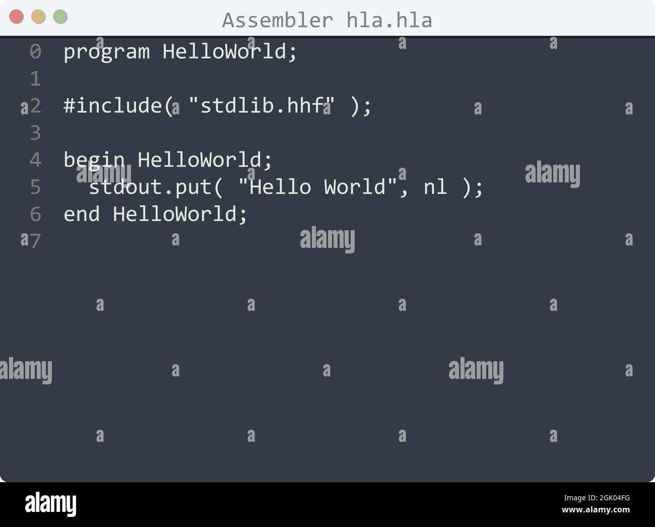 Assembler hla language Hello World program sample in editor window ... Assembler hla language Hello World program sample in editor window ...