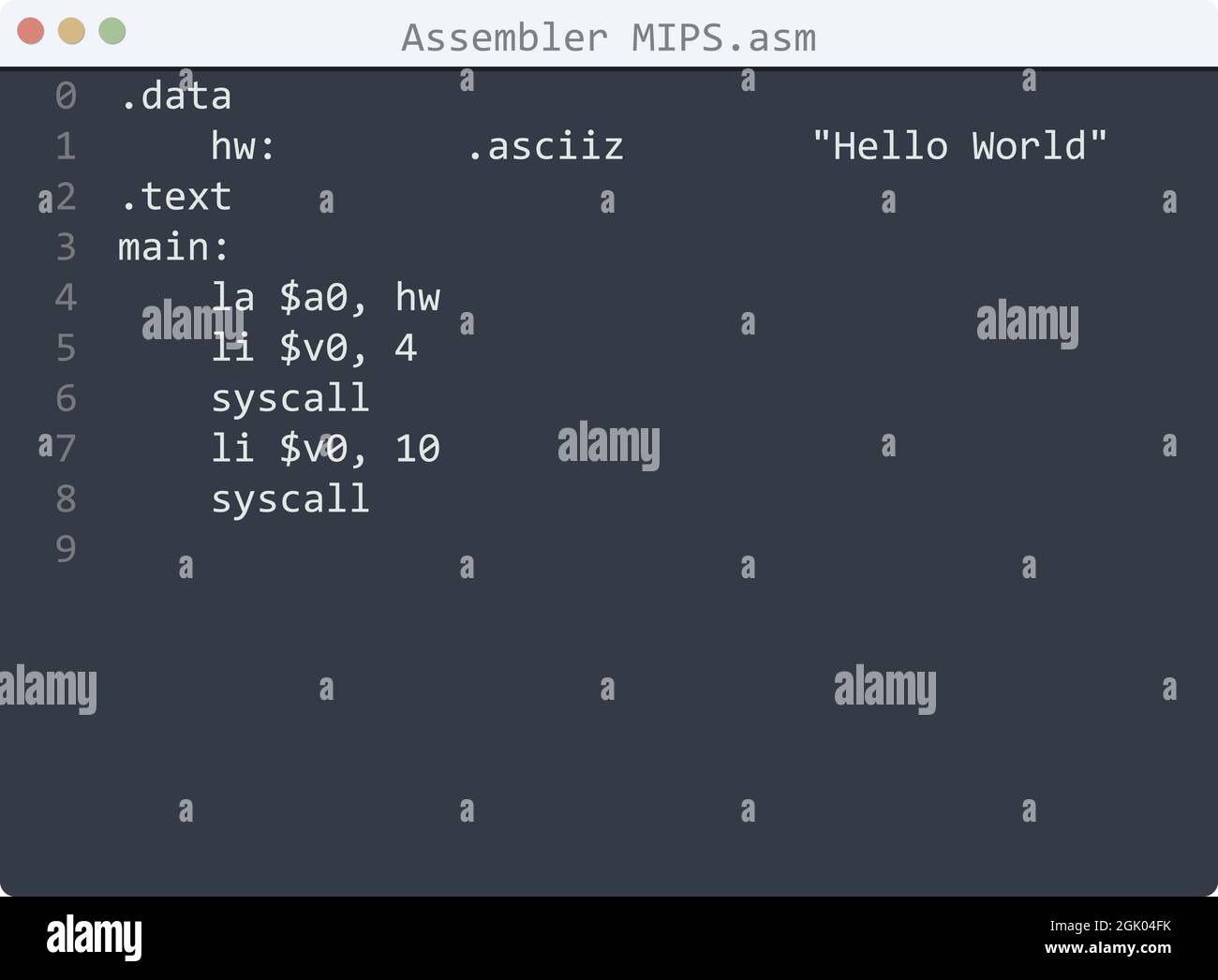 Assembler Mips Language Hello World Program Sample In Editor Window Illustration Stock Vector