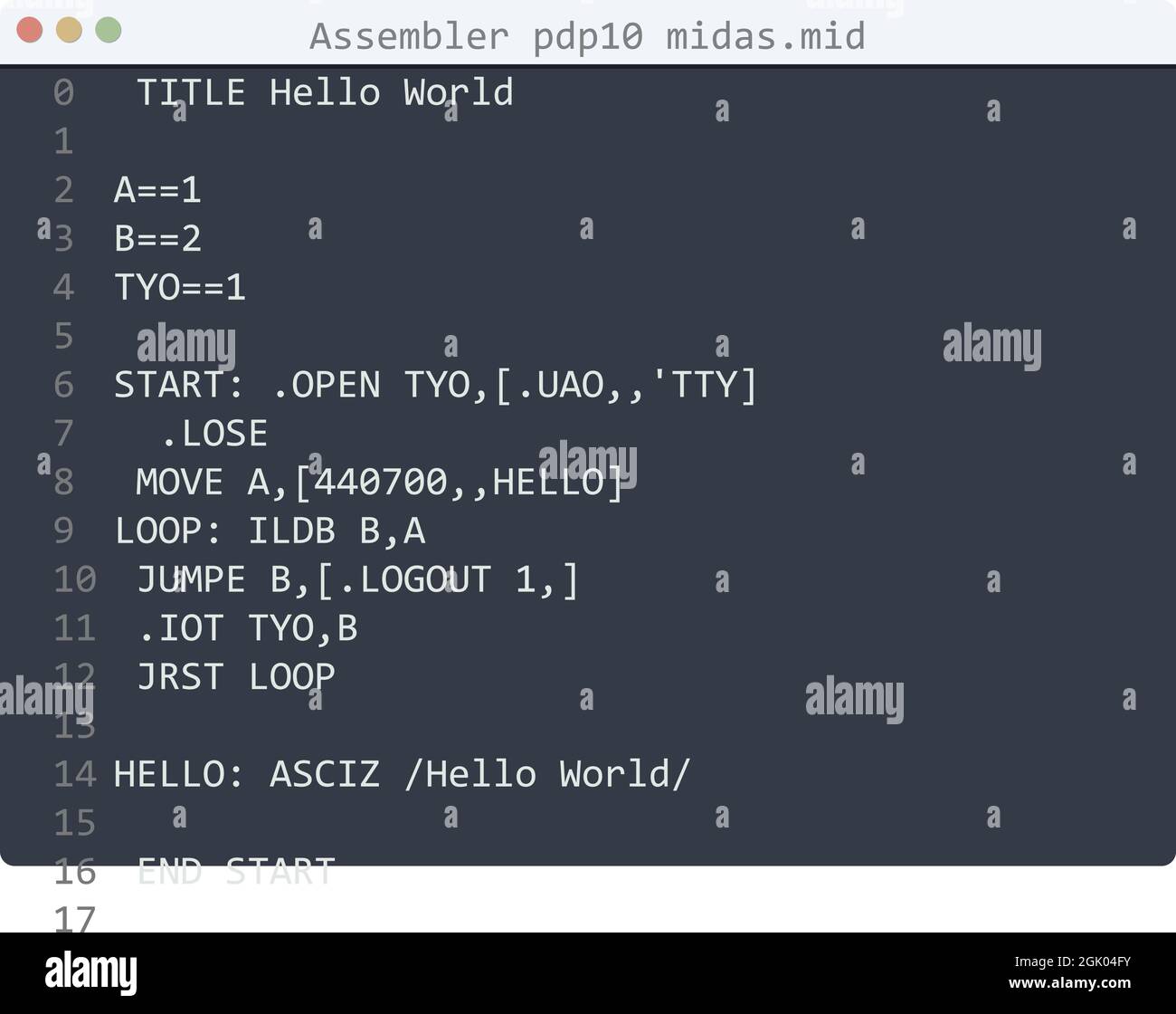 Assembler pdp10 midas language Hello World program sample in editor ... Assembler pdp10 midas language Hello World program sample in editor ...