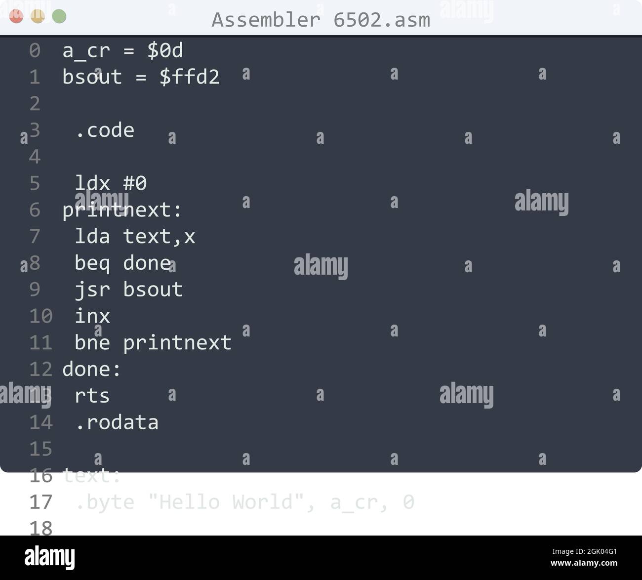 Assembler 6502 language Hello World program sample in editor window illustration Stock Vector ...