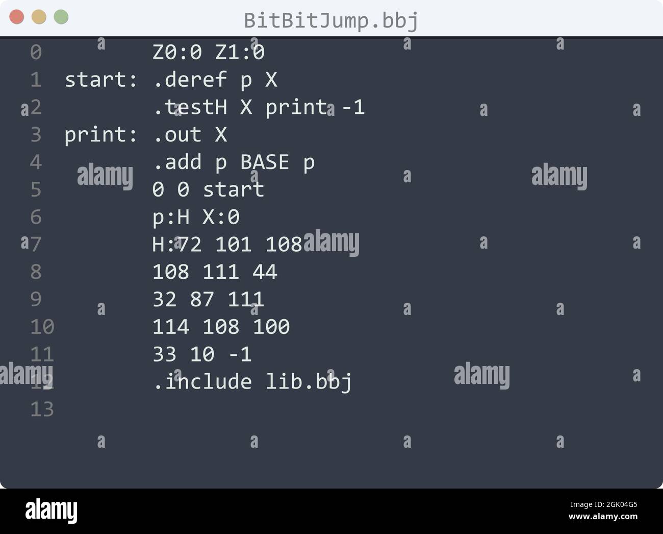 BitBitJump language Hello World program sample in editor window ...