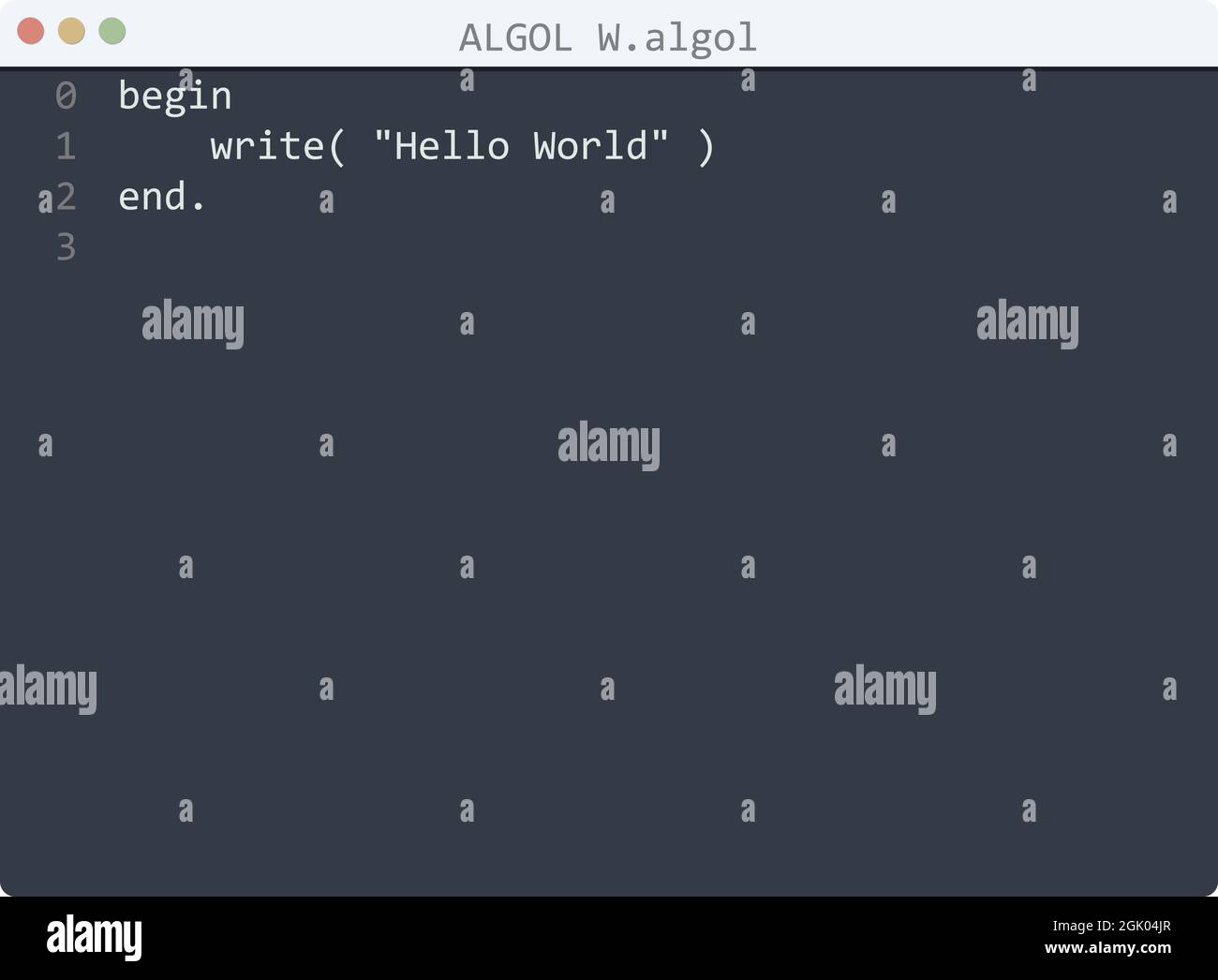 ALGOL W language Hello World program sample in editor window illustration Stock Vector Image ...
