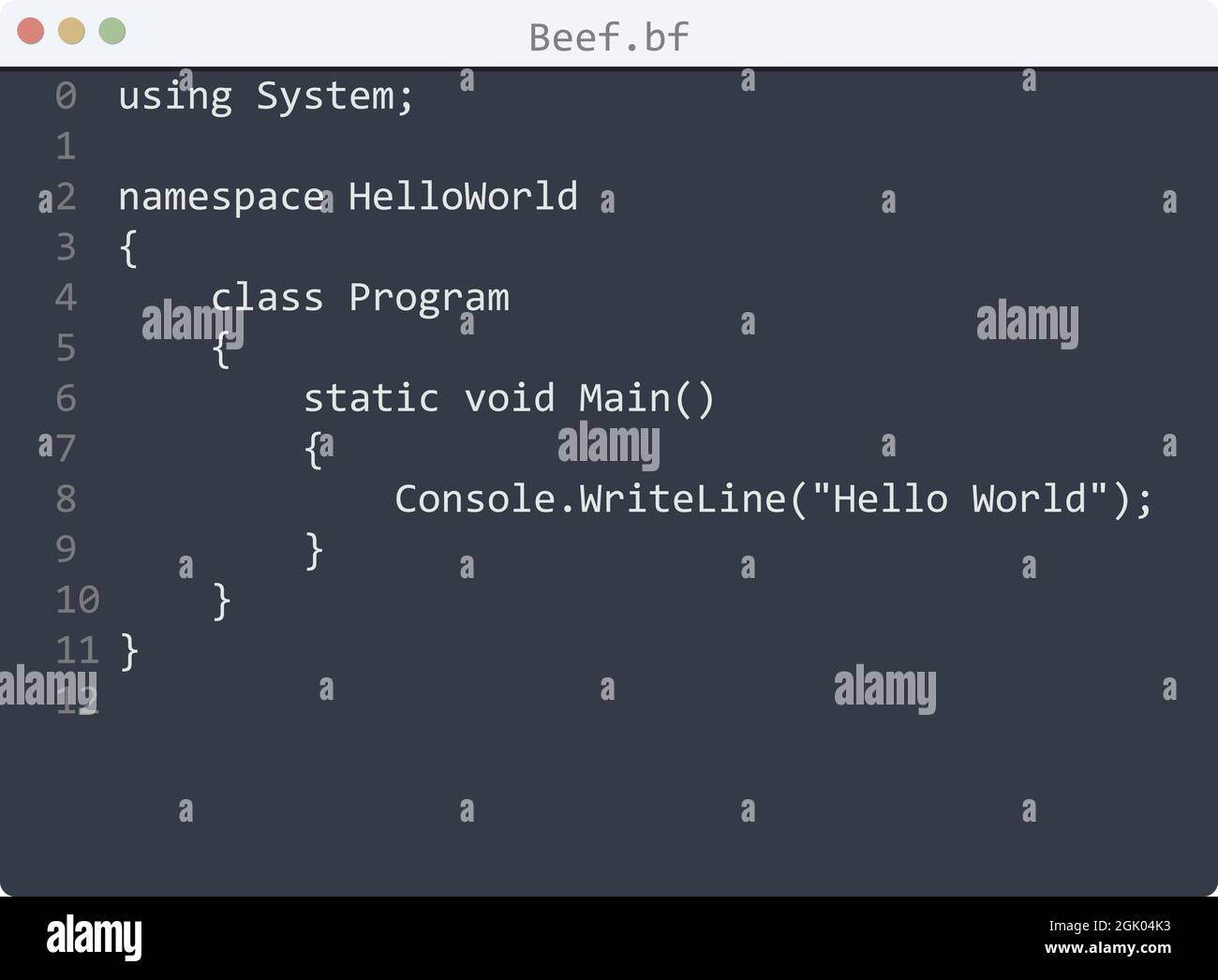 Beef language Hello World program sample in editor window illustration ...