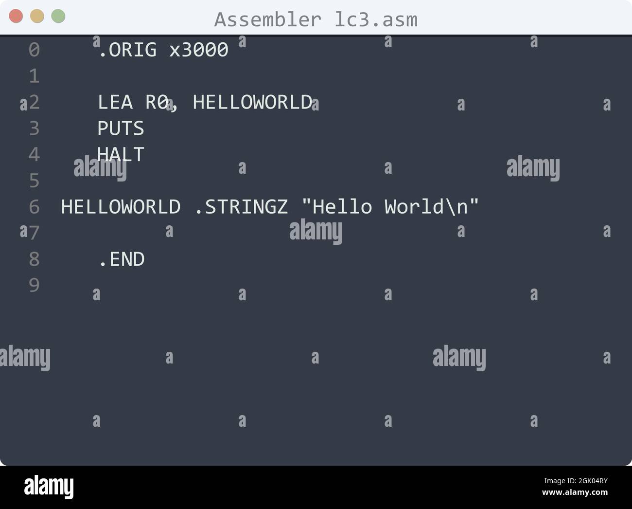 Assembler lc3 language Hello World program sample in editor window ... Assembler lc3 language Hello World program sample in editor window ...