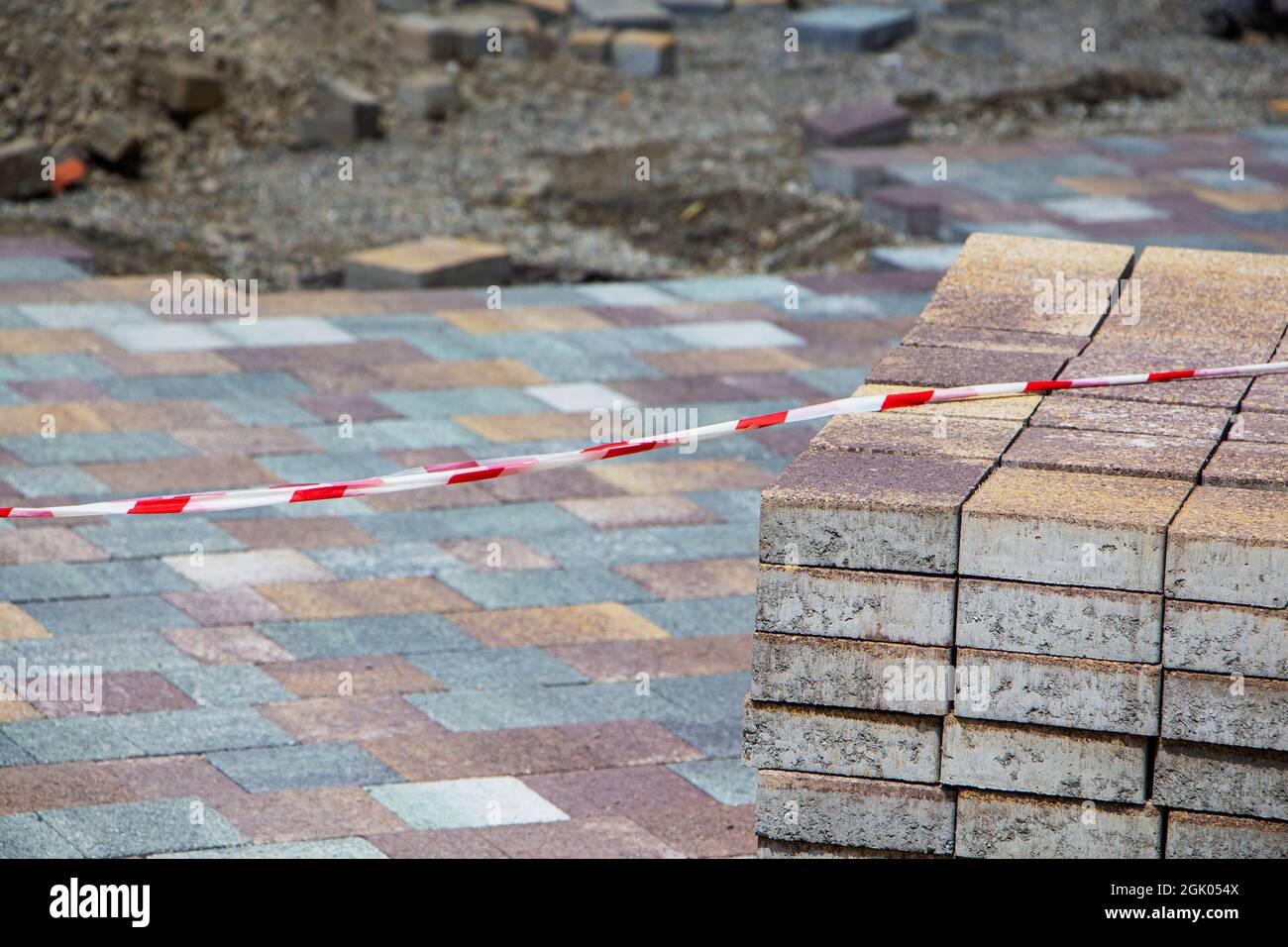 Process of construction of brick paved sidewalk, half built pavement ...