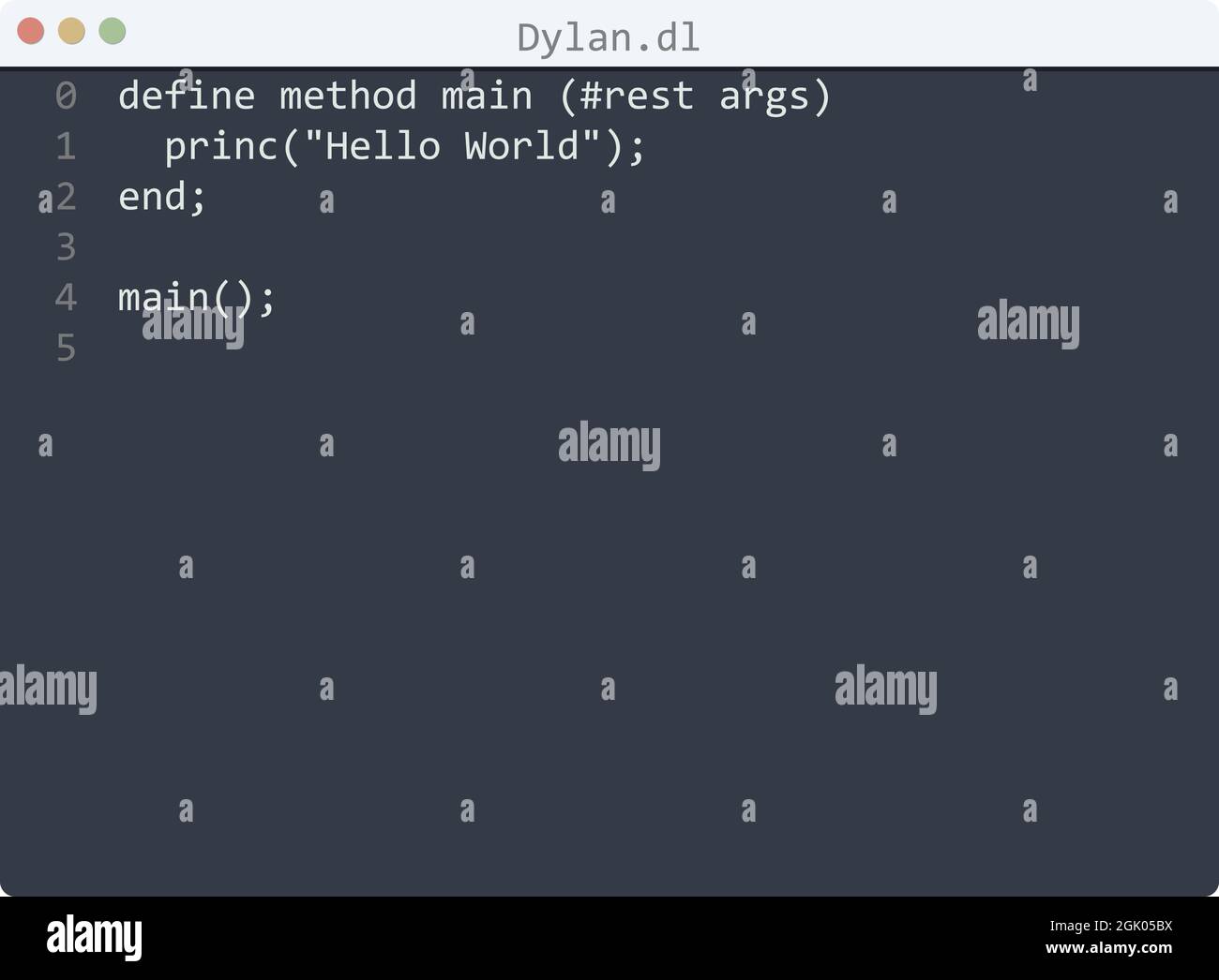 Dylan language Hello World program sample in editor window illustration ...