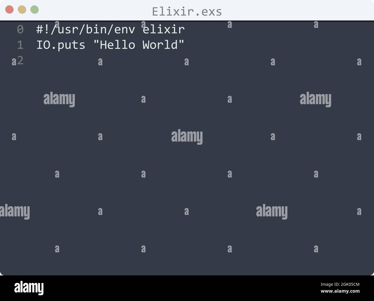 Elixir language Hello World program sample in editor window ...