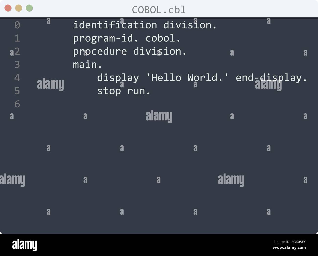 COBOL language Hello World program sample in editor window illustration ... COBOL language Hello World program sample in editor window illustration ...