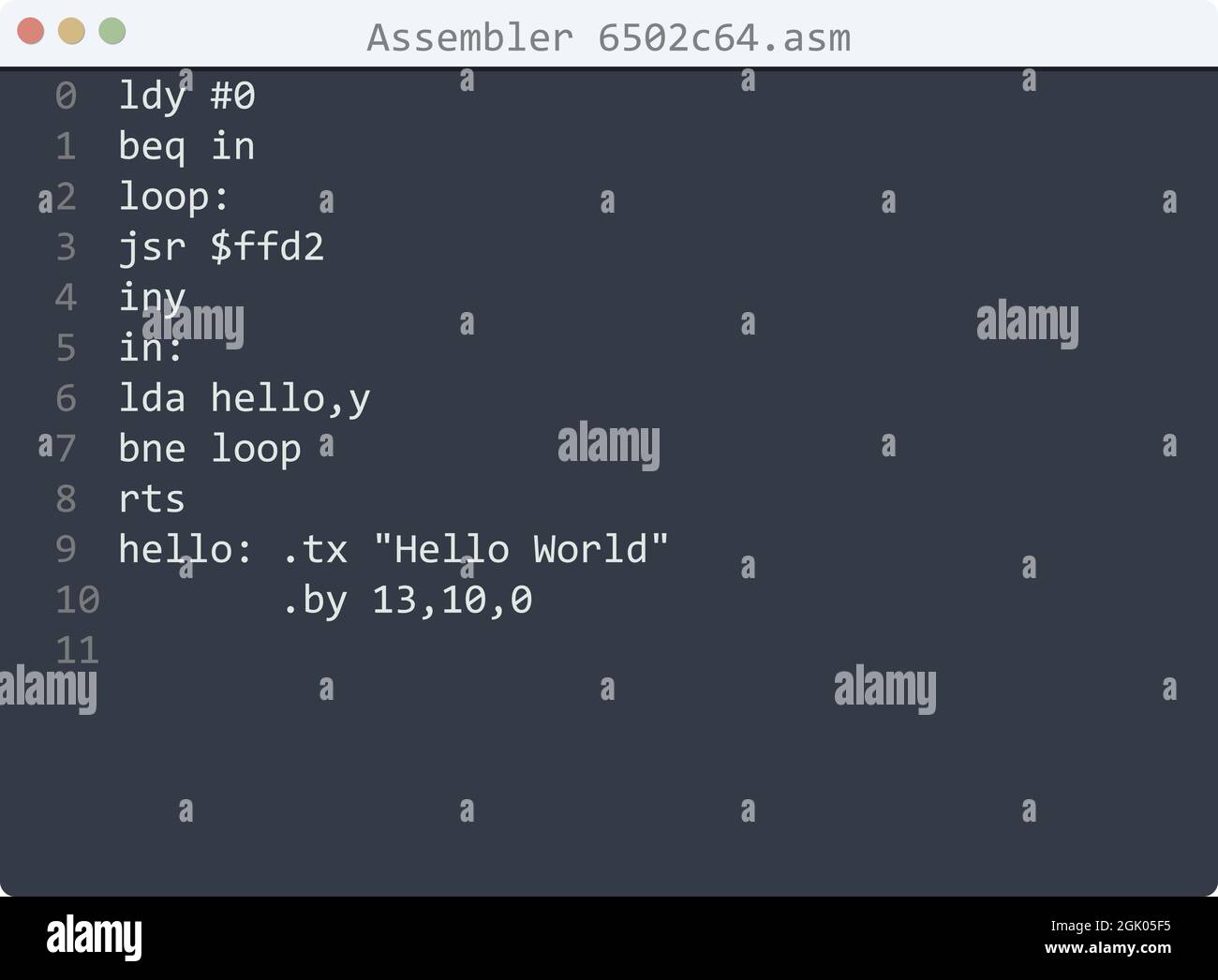 Assembler 6502c64 language Hello World program sample in editor window ... Assembler 6502c64 language Hello World program sample in editor window ...