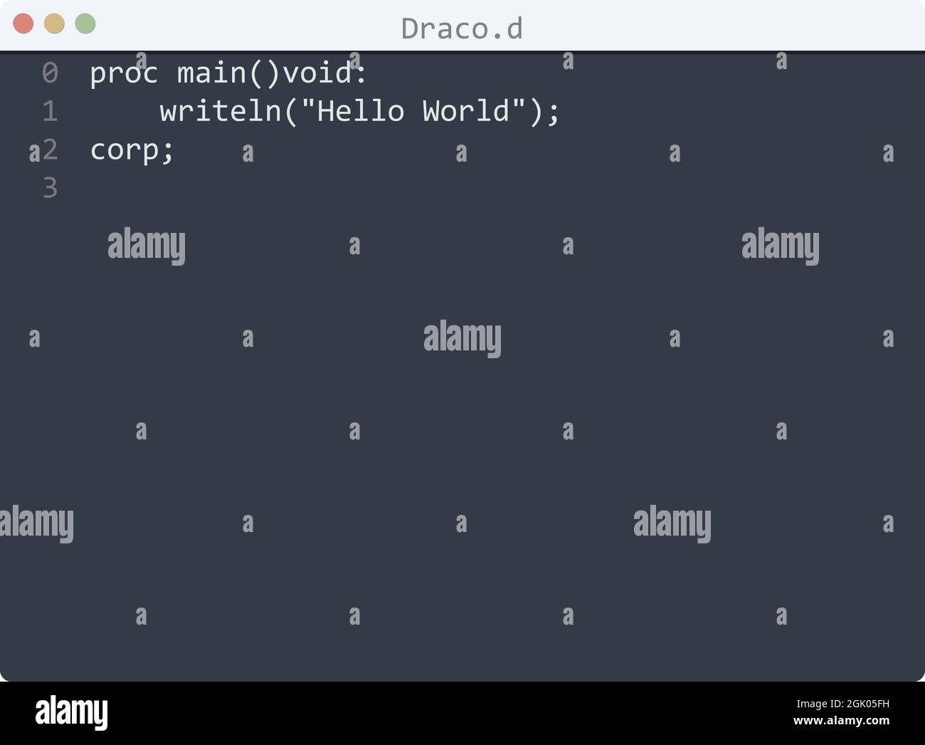 Draco language Hello World program sample in editor window illustration Stock Vector Image & Art ...