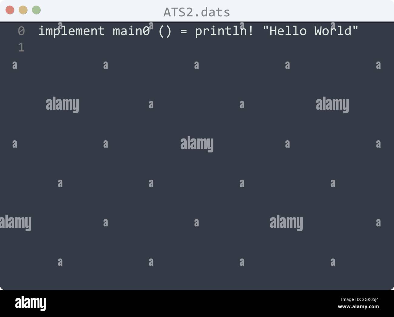 ATS2 language Hello World program sample in editor window illustration ...