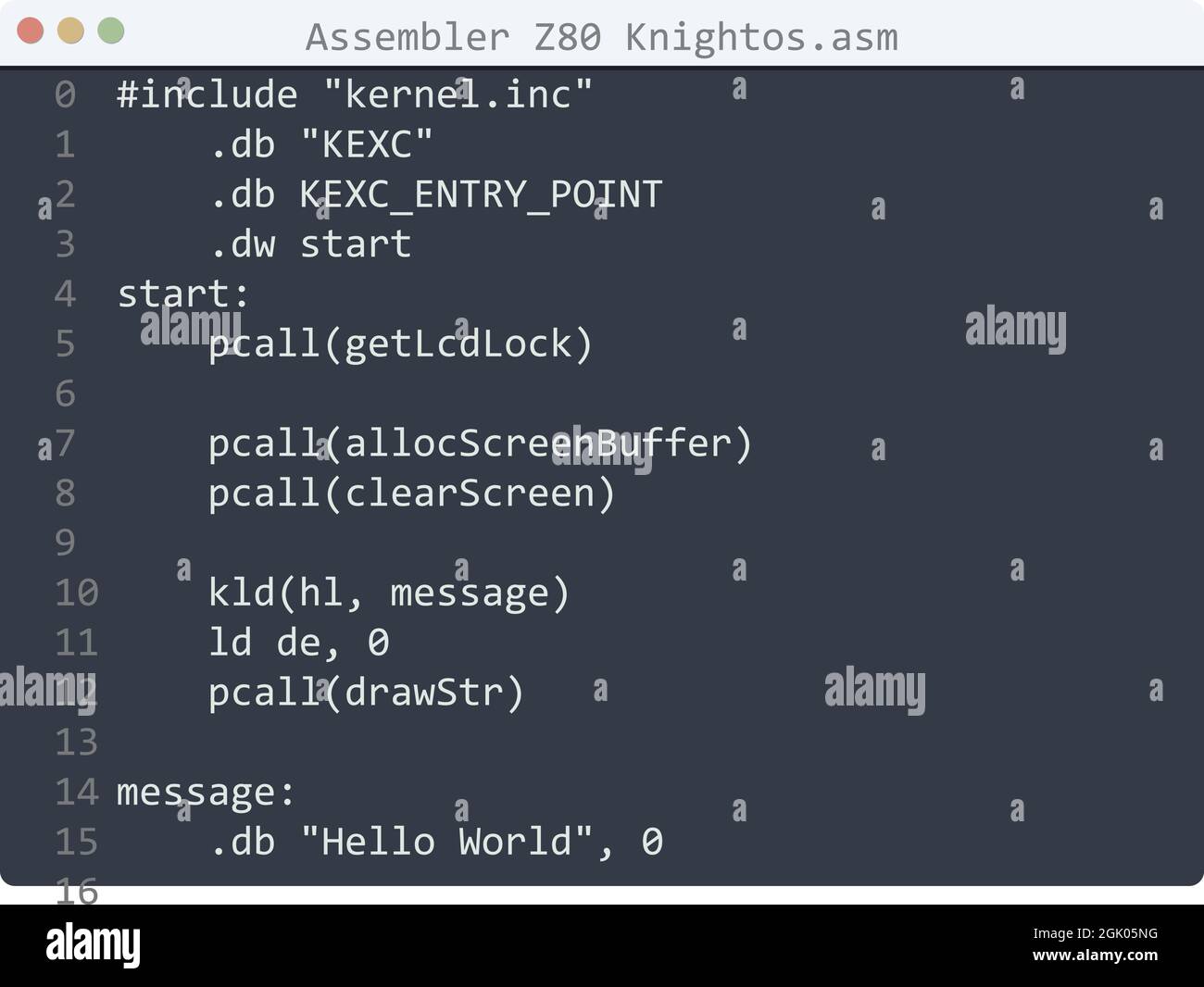 Assembler Z80 Knightos language Hello World program sample in editor ... Assembler Z80 Knightos language Hello World program sample in editor ...