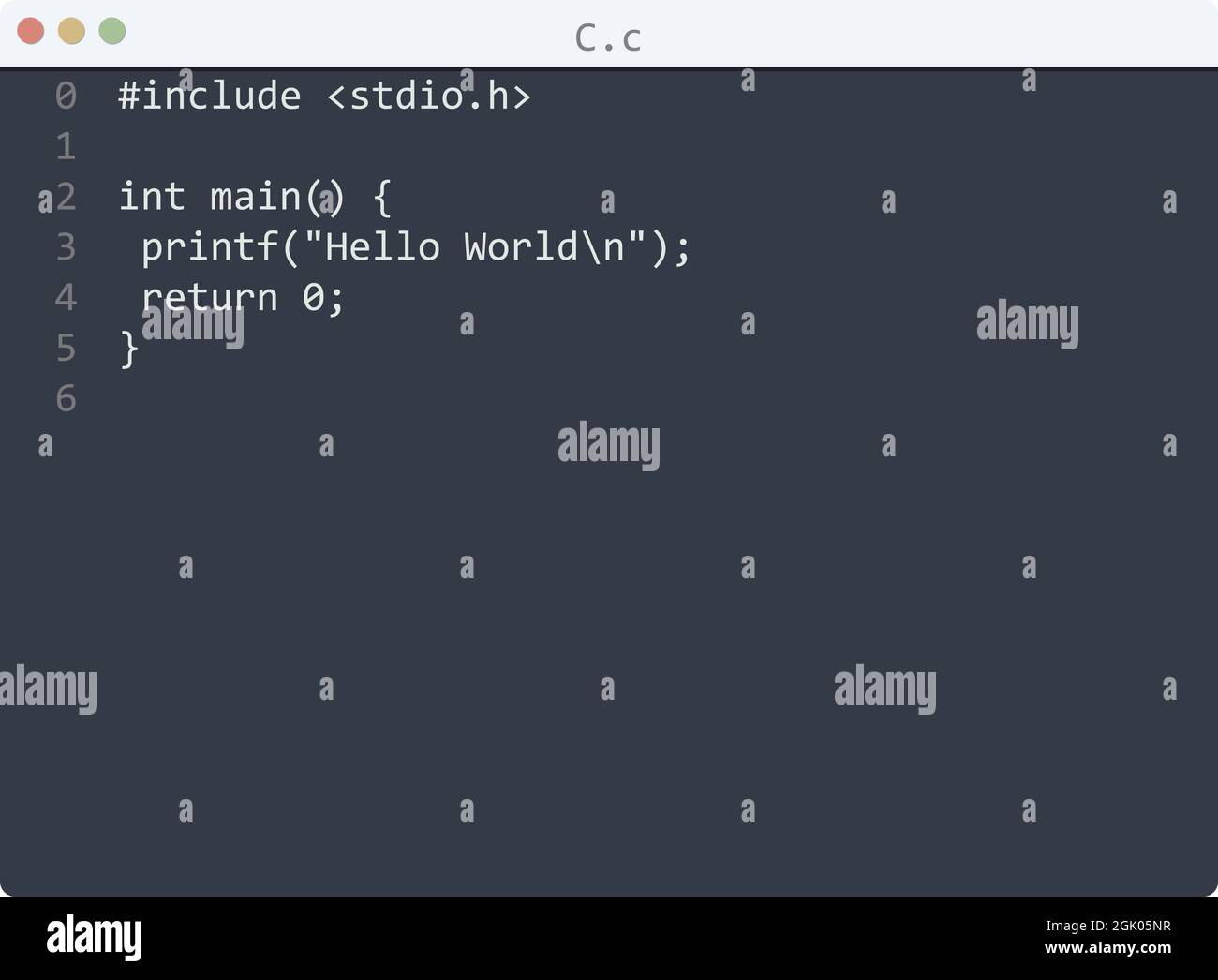 C language Hello World program sample in editor window illustration ...