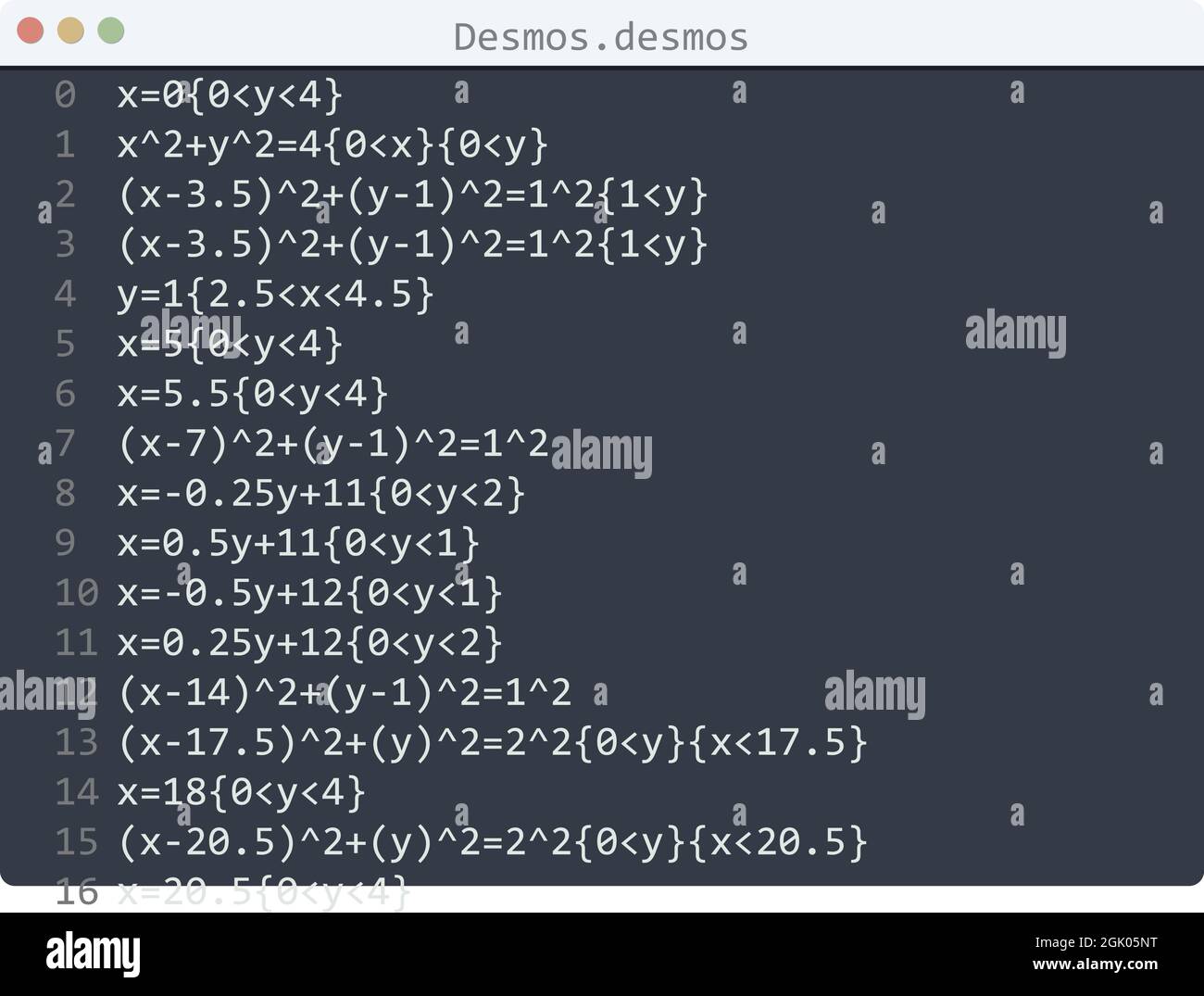 Desmos language Hello World program sample in editor window ...