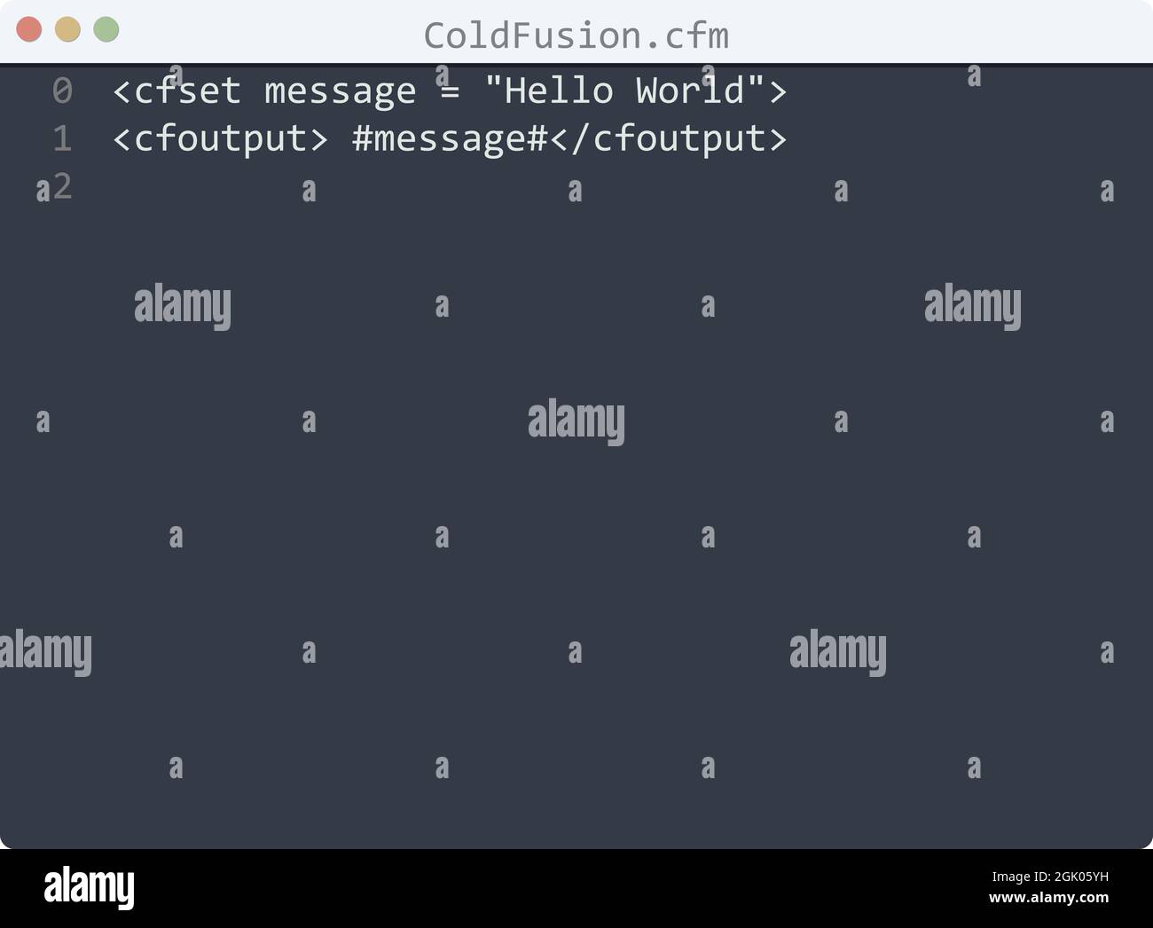 ColdFusion language Hello World program sample in editor window ...