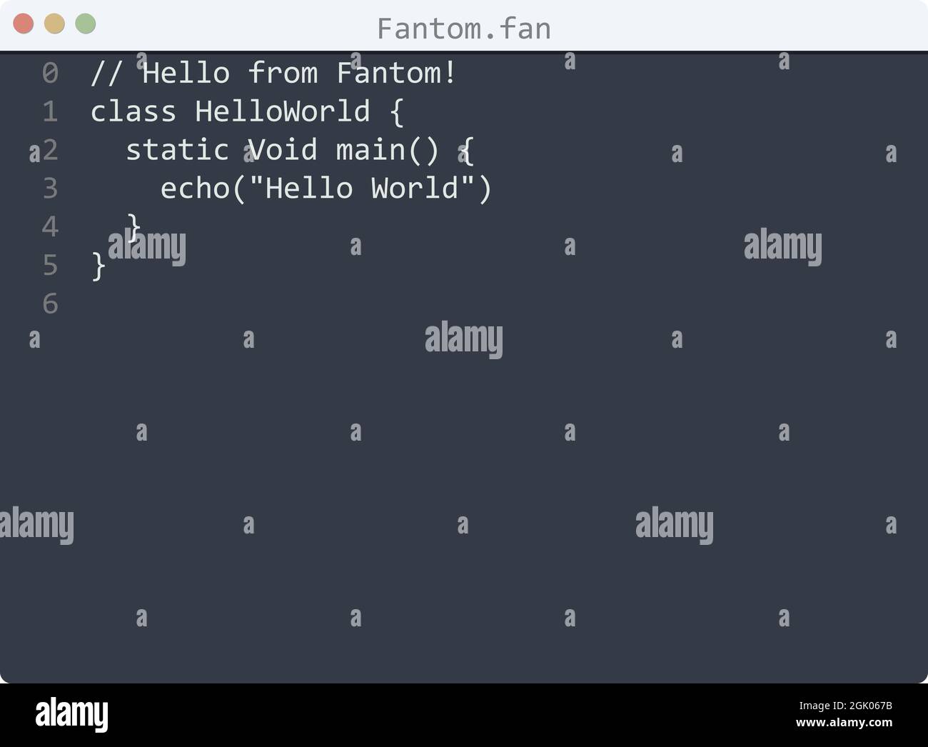 Fantom language Hello World program sample in editor window illustration Stock Vector Image ...