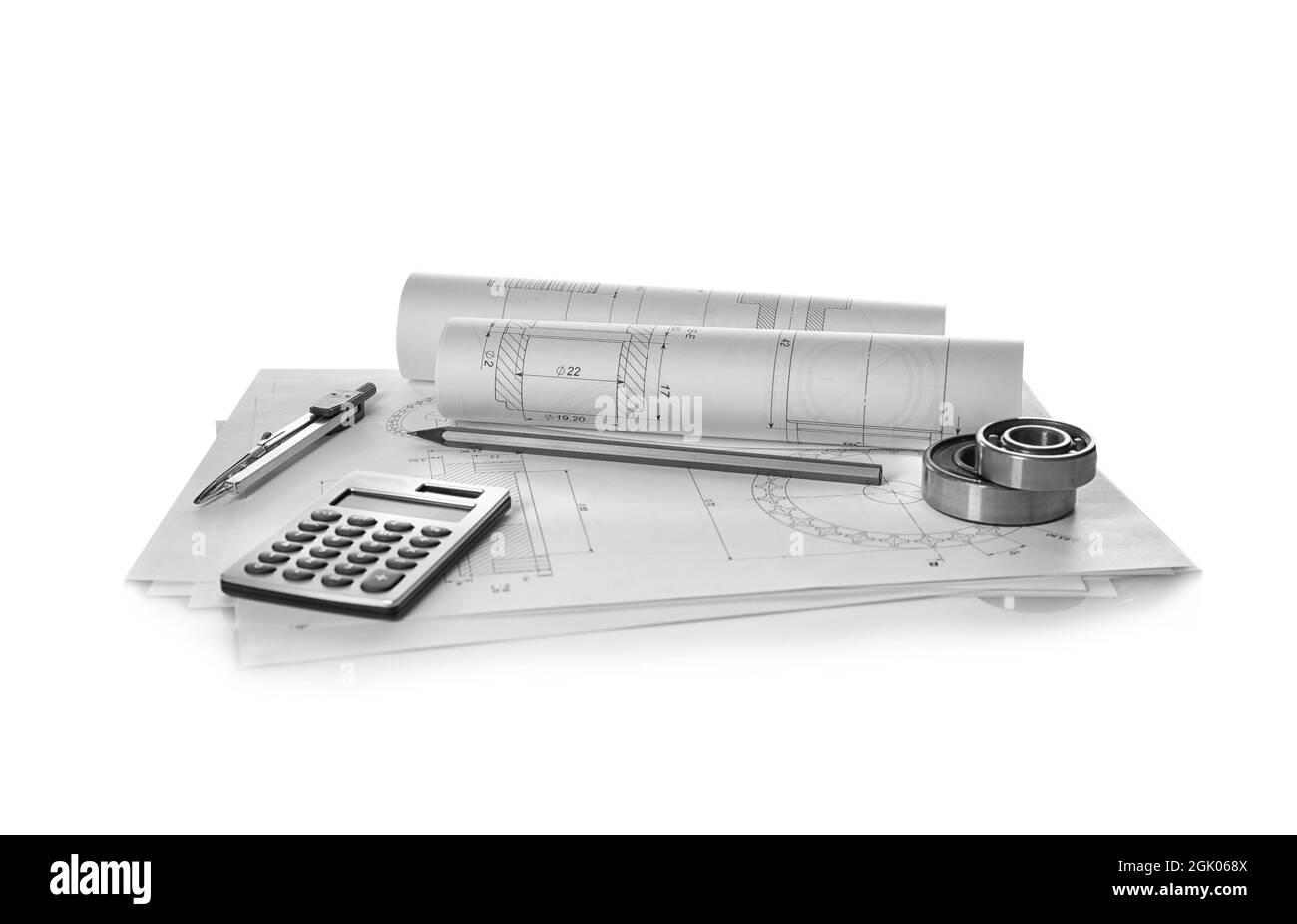 Engineering supplies and part blueprints on white background Stock ...