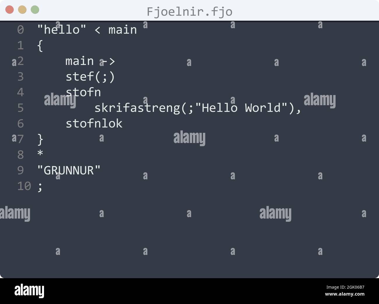 Fjoelnir language Hello World program sample in editor window ...
