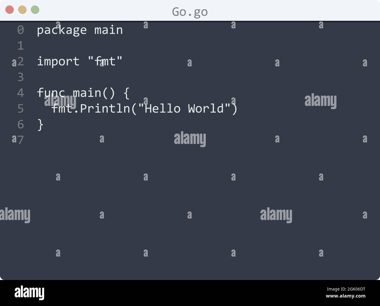 Go language Hello World program sample in editor window illustration ... Go language Hello World program sample in editor window illustration ...