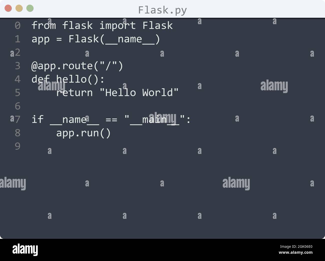 Flask language Hello World program sample in editor window illustration ... Flask language Hello World program sample in editor window illustration ...