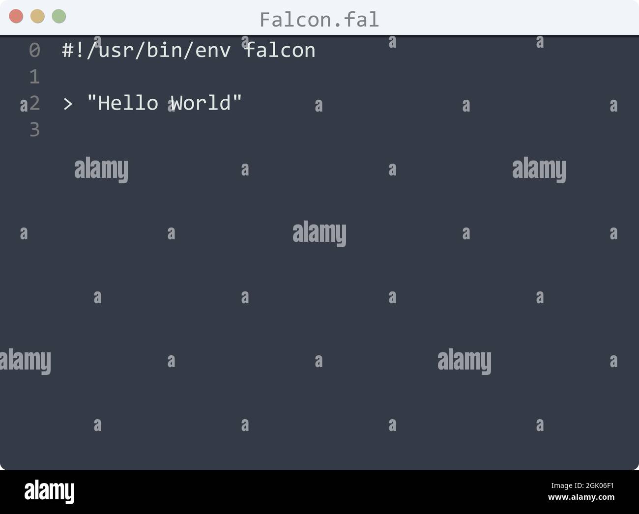 Falcon language Hello World program sample in editor window ...