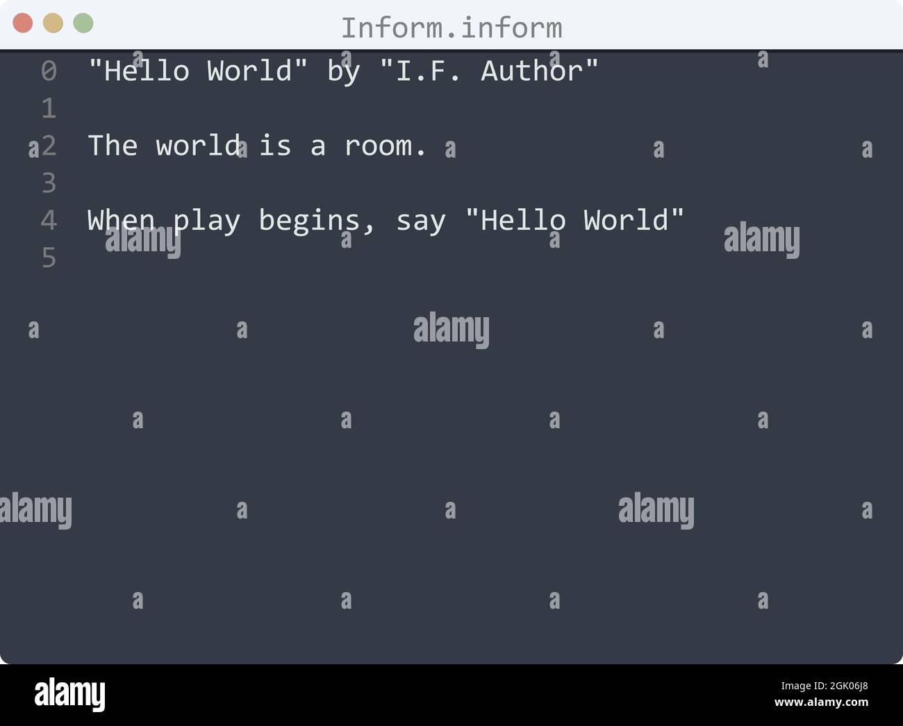 Inform language Hello World program sample in editor window ...