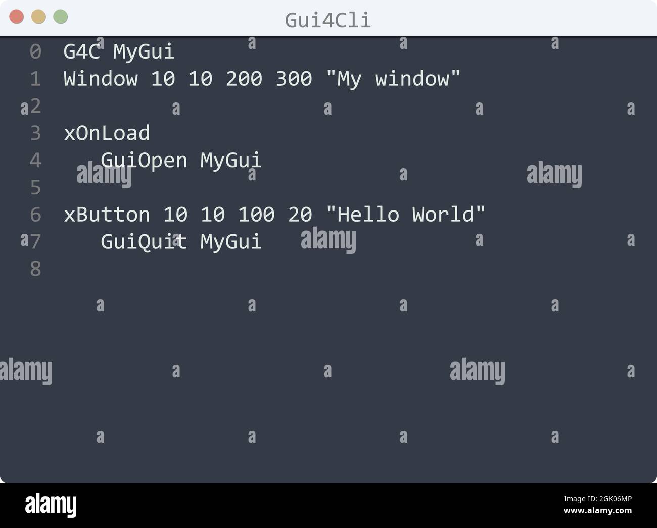 Gui4Cli language Hello World program sample in editor window ...