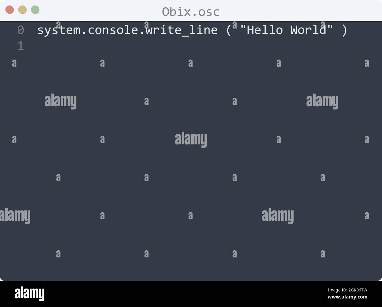 Obix language Hello World program sample in editor window illustration ...