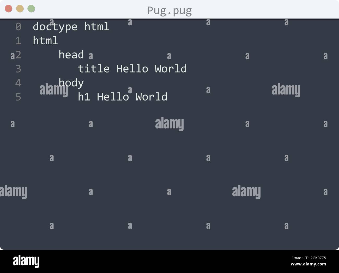 Pug language Hello World program sample in editor window illustration ...