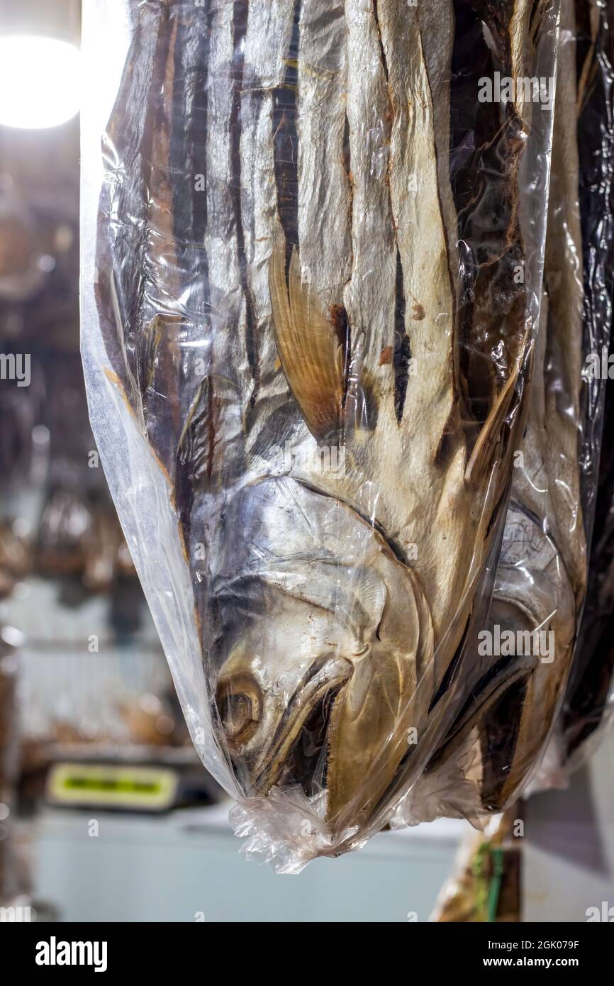 Close up view of a delicious dried big sea fish on a shop inside of a ...