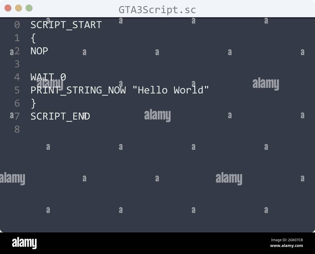 GTA3Script language Hello World program sample in editor window ...