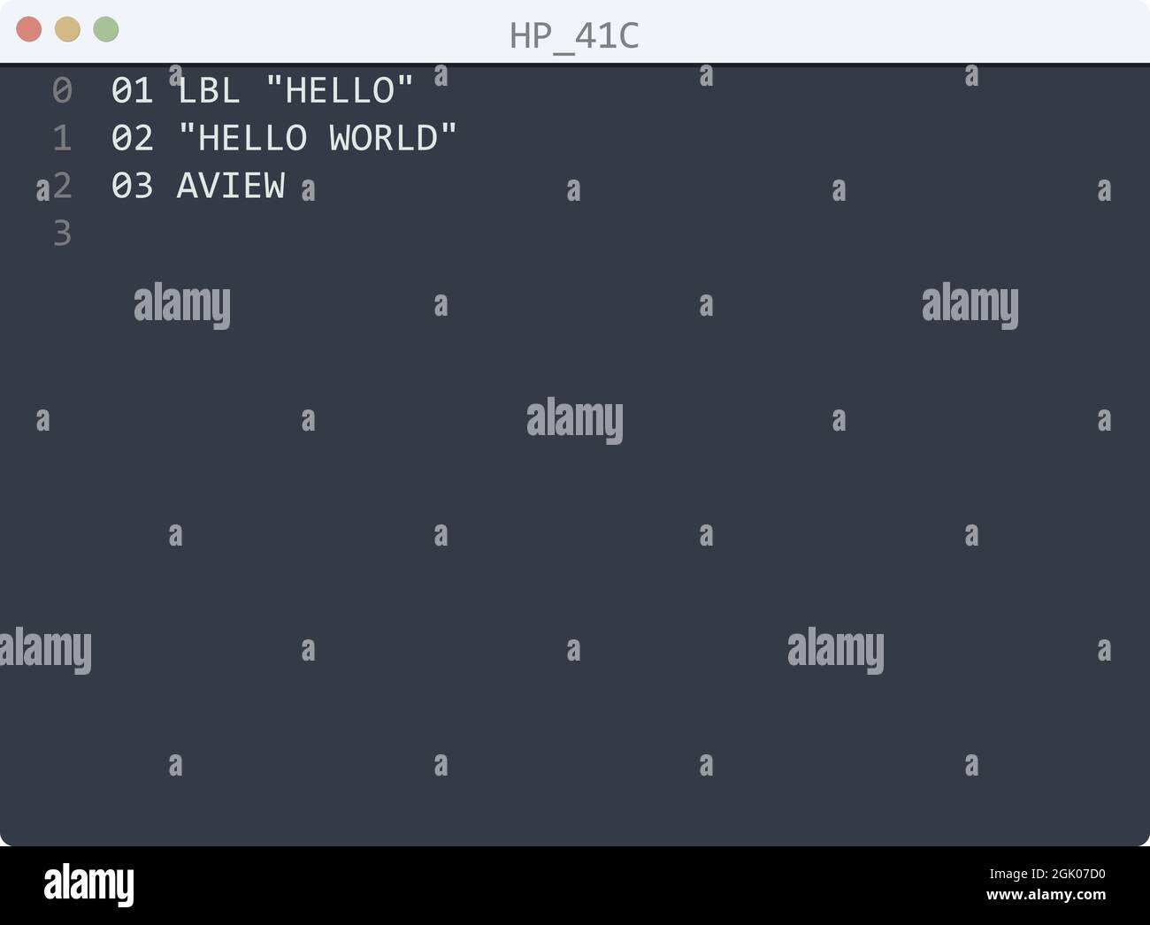 HP 41C language Hello World program sample in editor window ...