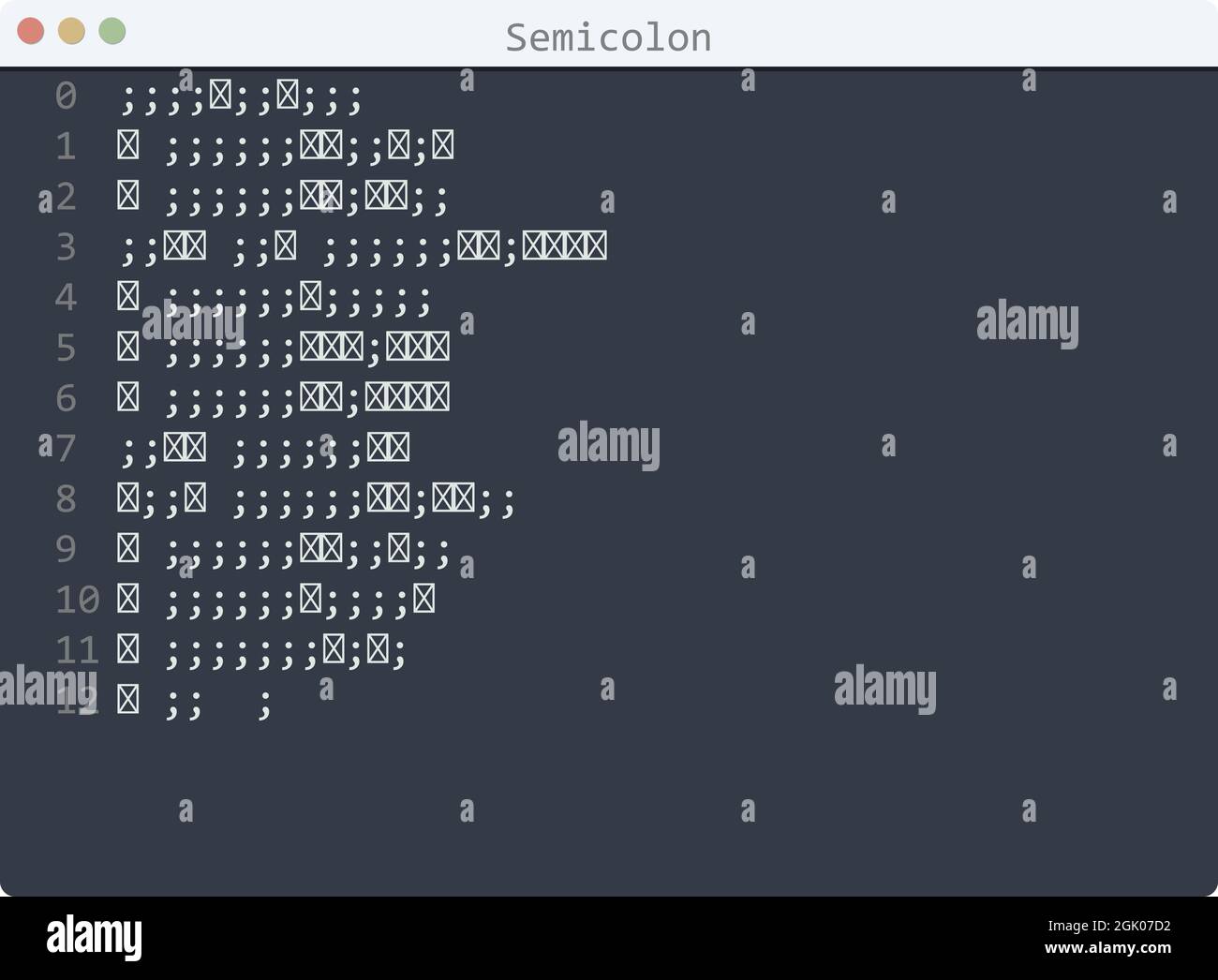 Semicolon language Hello World program sample in editor window ...