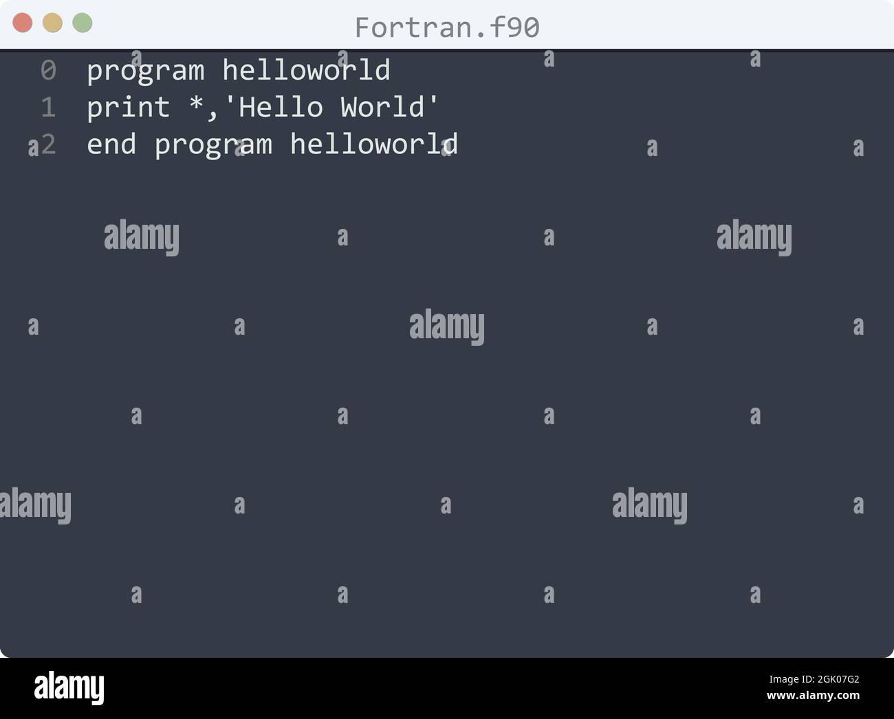 Fortran language Hello World program sample in editor window ... Fortran language Hello World program sample in editor window ...