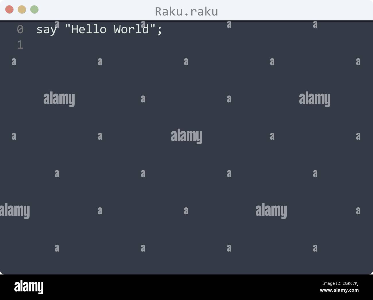 Raku language Hello World program sample in editor window illustration ...